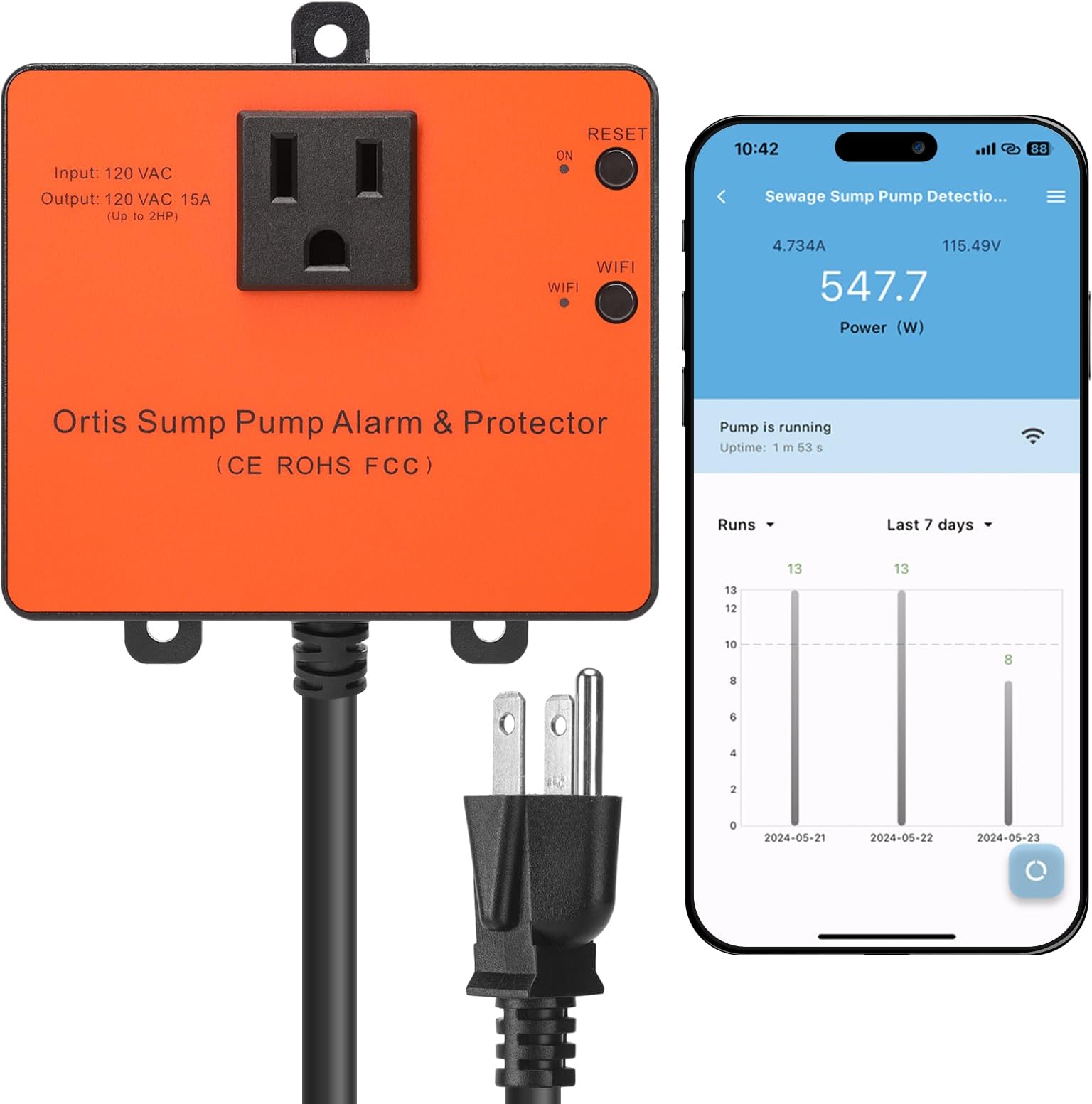 Ortis WiFi Sump Pump Monitor & Alarm, Real-Time Pump Status Monitoring ...