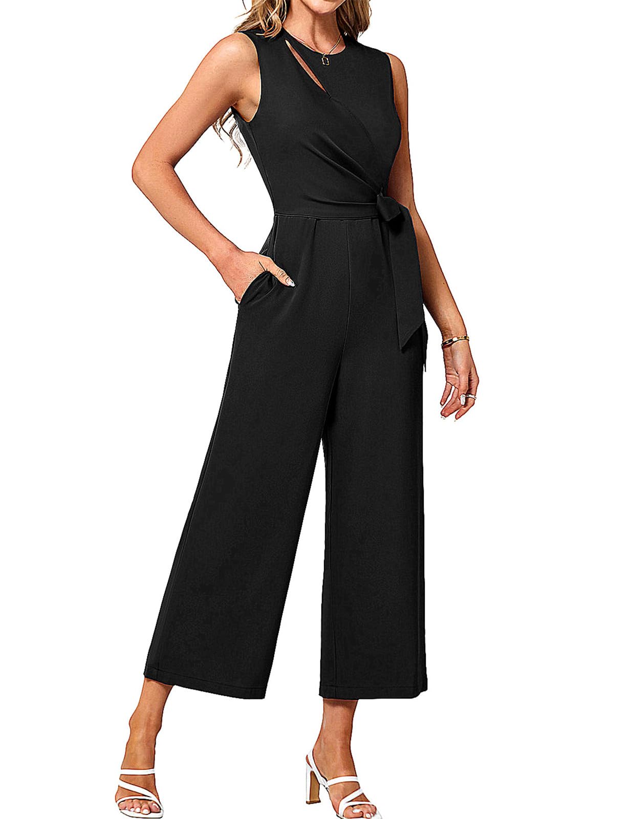 JASAMBAC Women's Jumpsuits Sleeveless Dressy Scoop Neck Cutout Ruched ...