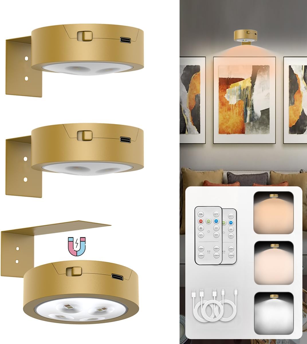 3 Pack Picture Lights for Wall, Rechargeable Battery Operated wall ...