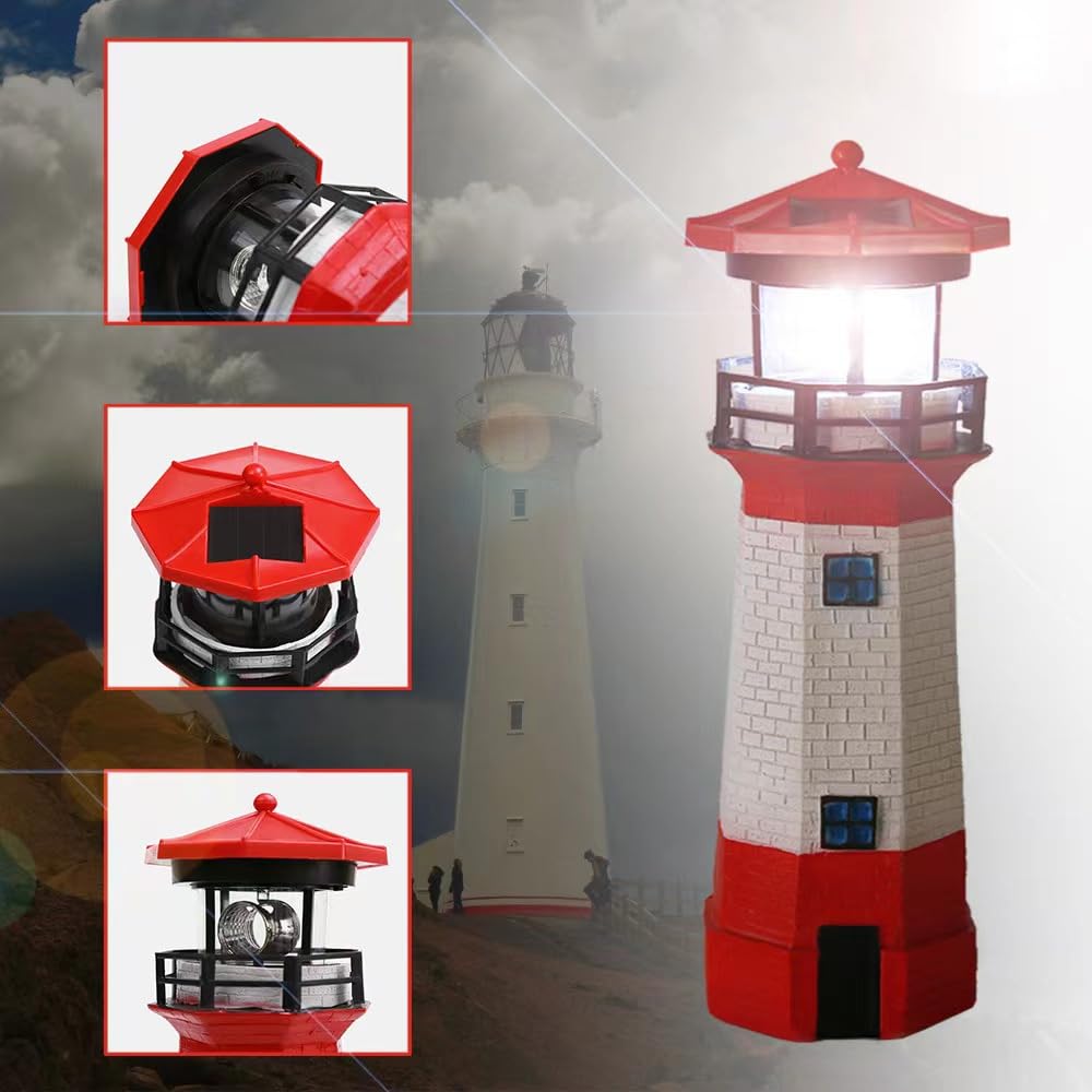 Red Solar Lighthouse, Rotating LED Lighthouse Decorative Lights ...