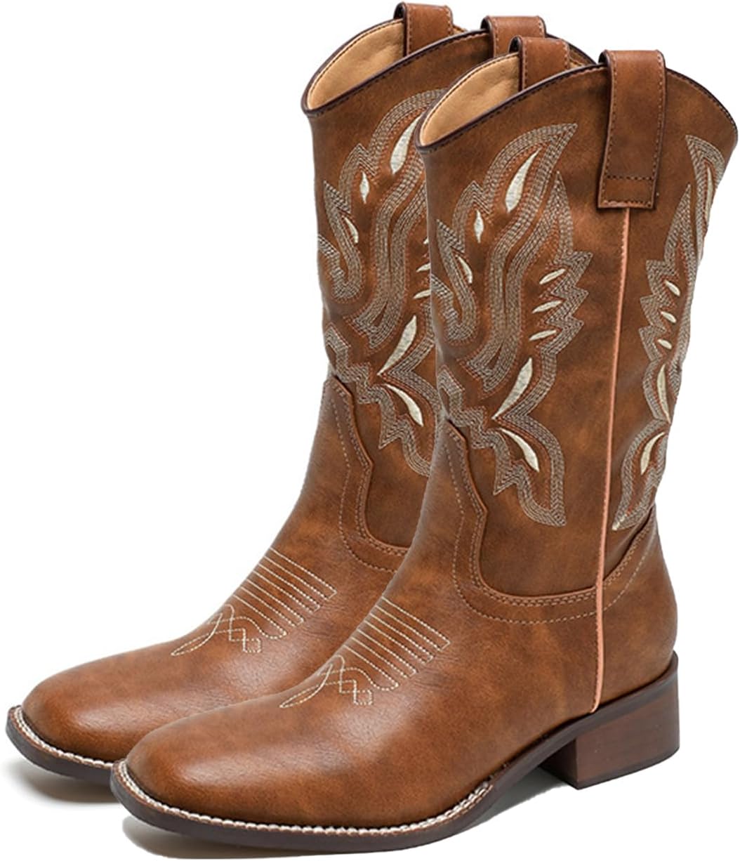 Amazon.com | Cowboy Boots for Women Low Heel Extra Wide Calf Cowgirl ...