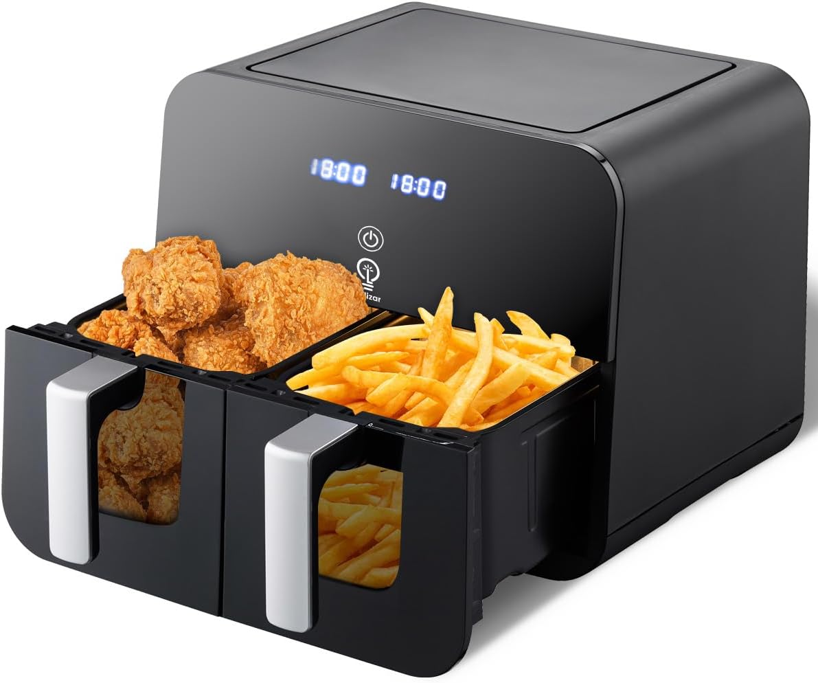 Lulizar Dual Air Fryer with Visual Window, 10L Large Capacity, 2 ...