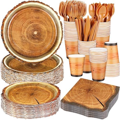 Amazon.com: Skylety 200 Pcs Camping Birthday Party Supplies Wood Grain ...