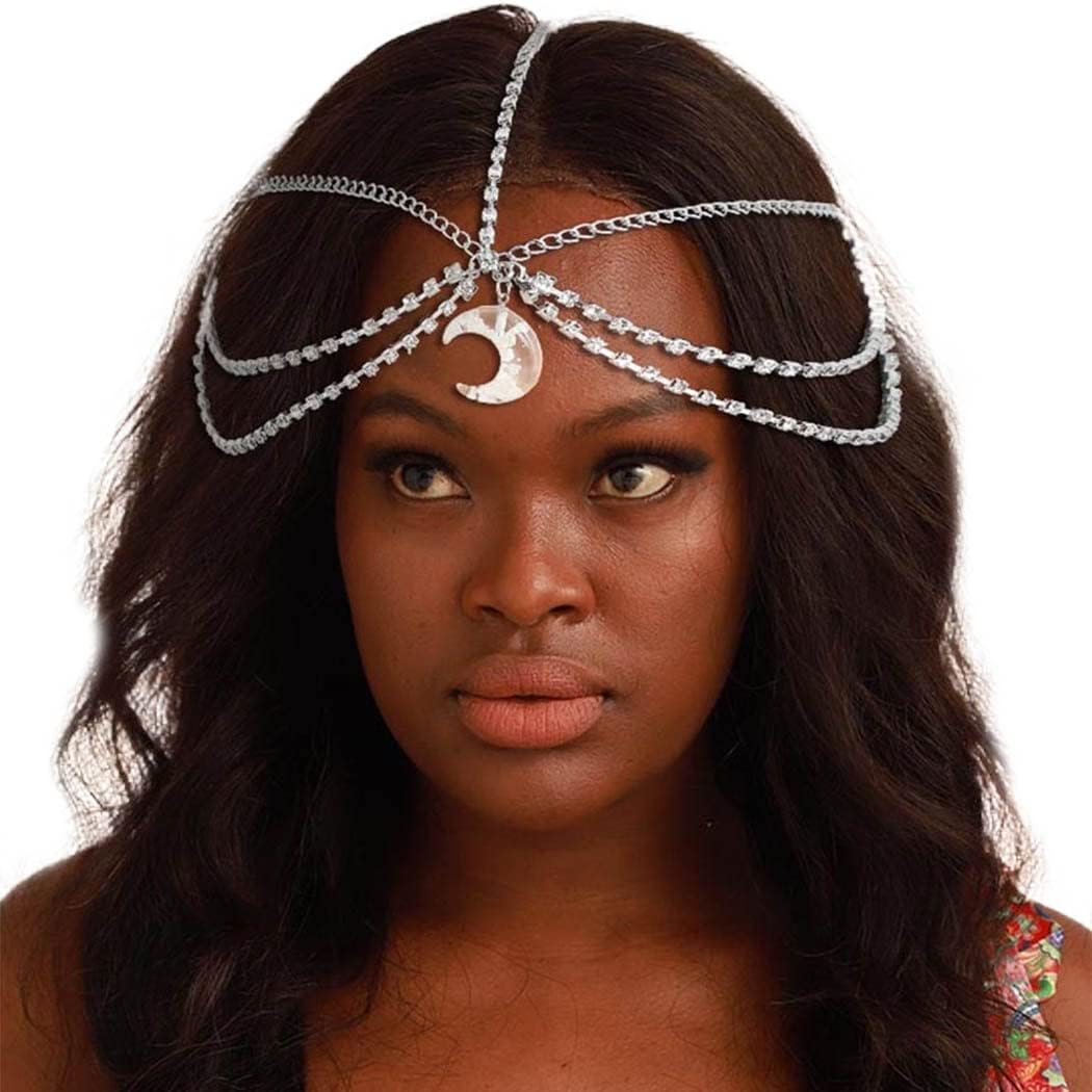 Amazon.com: Woeoe Wedding Rhinestones Head Chain Silver Crystals Moon ...