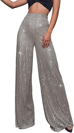Sequin Pants Women High Waisted Wide Leg Sparkle Elastic Casual Loose ...
