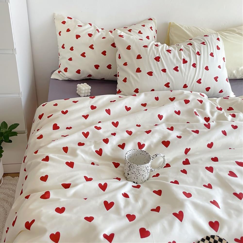 Michorinee Red and White Heart Double Duvet Cover Set Aesthetic Red ...