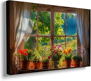 Amazon.com: Generic Window Landscape Wall Art Country and Flower Art ...