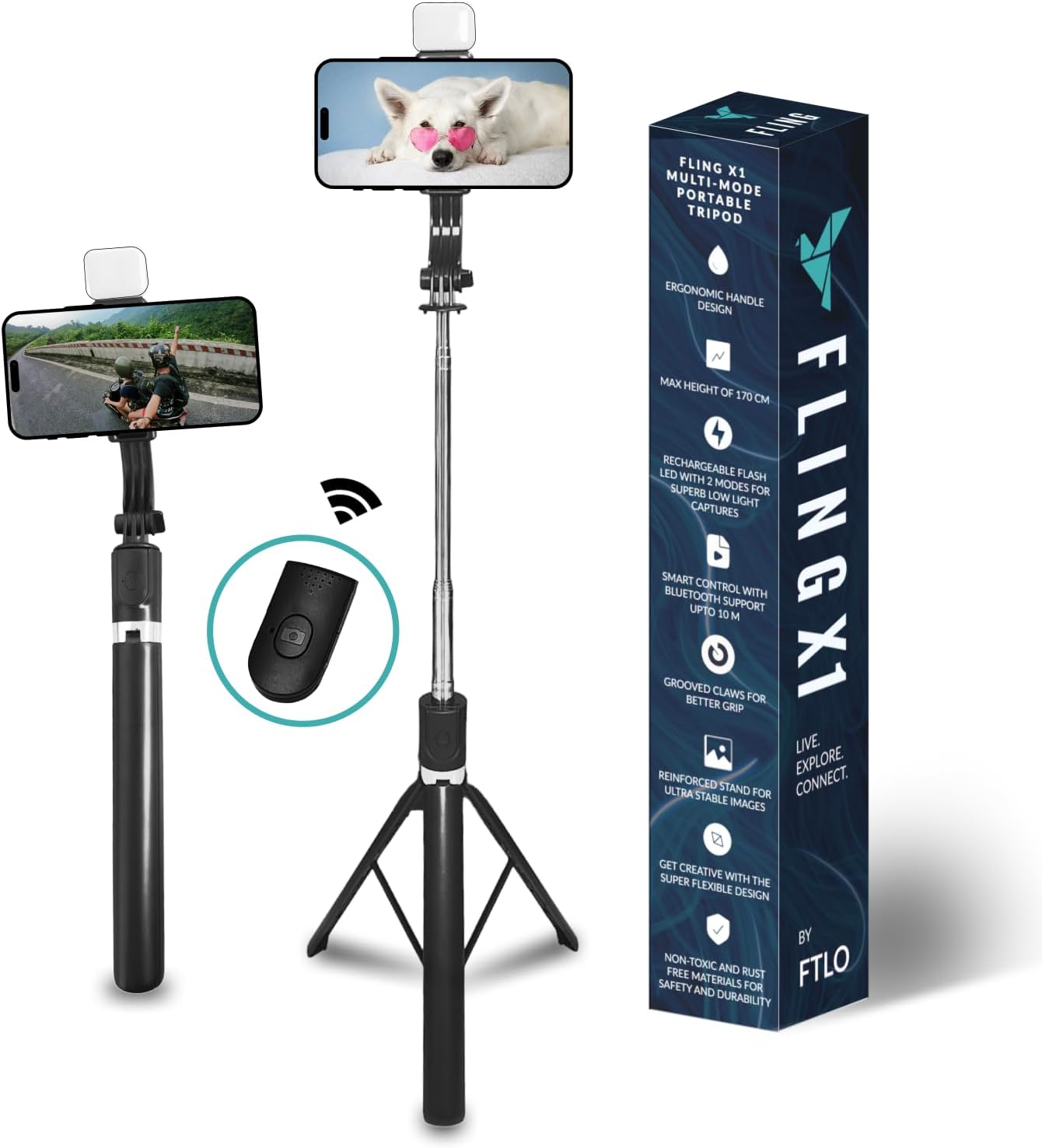 FLING X1 by FTLO 3-in-1 Selfie Stick for Mobile Phone with Bright Fill ...