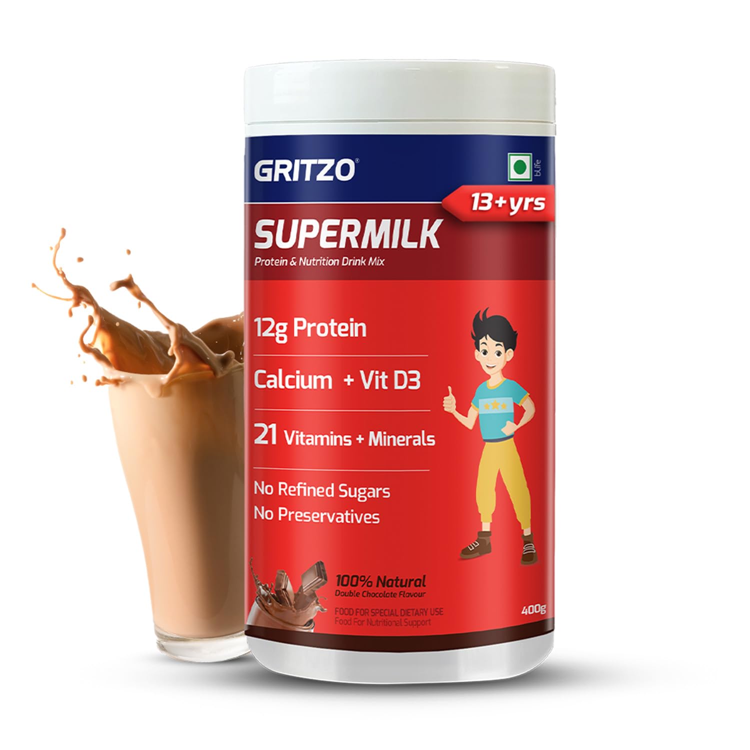 Gritzo SuperMilk Overall Growth (13+y Boys), 12g Protein Powder (Double ...