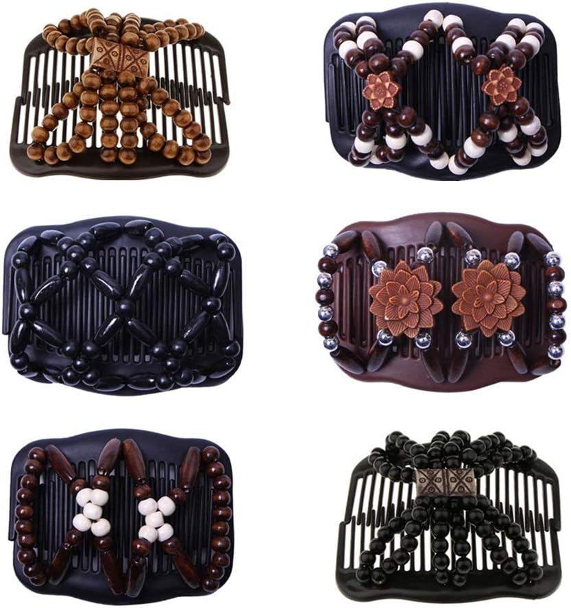 6Pcs Magic Hair Comb - Double Row Wooden Bead Stretchy Hair Clip ...