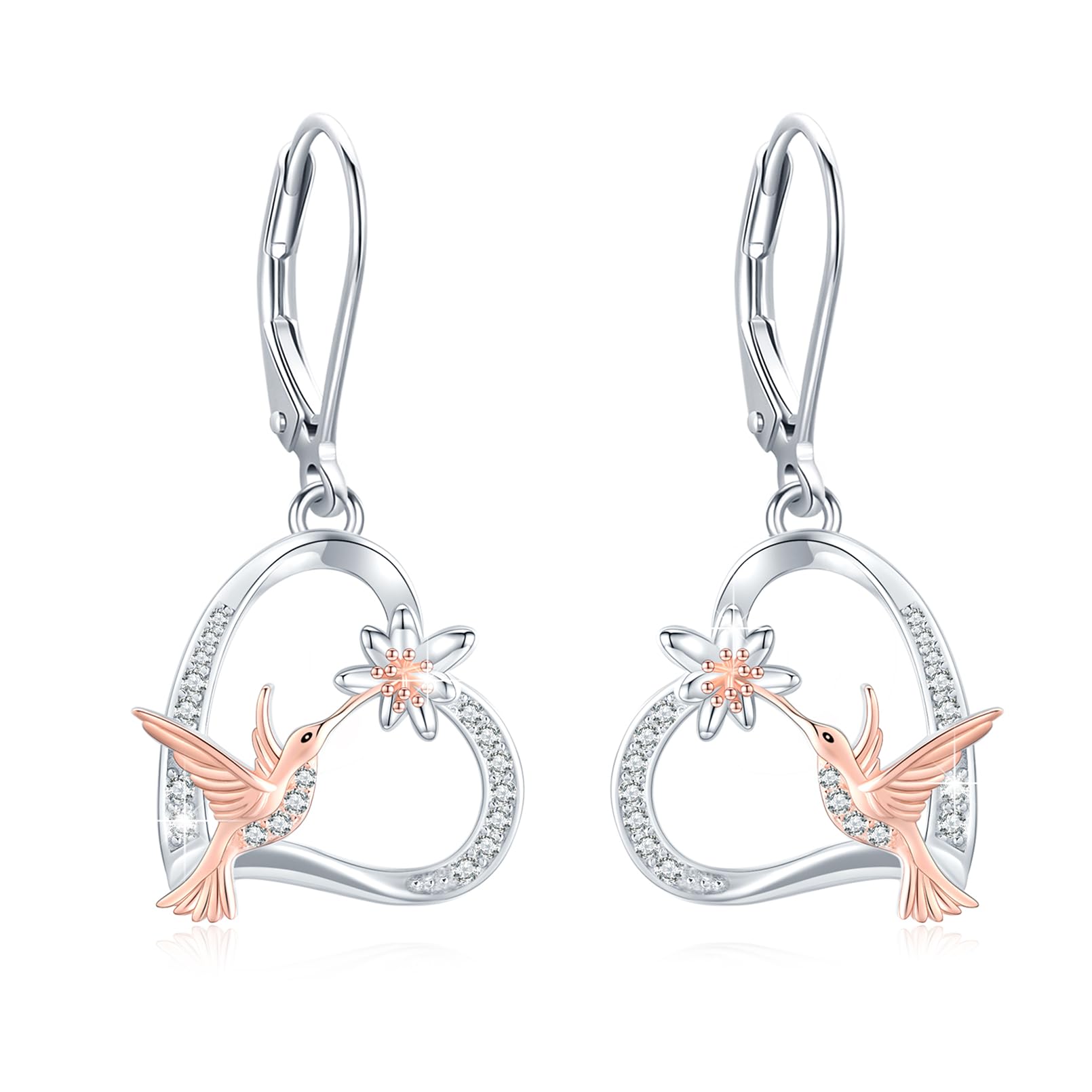 Amazon.com: Hummingbird Earrings 925 Sterling Silver Heart Flower Hummingbird Earrings Leverback ...