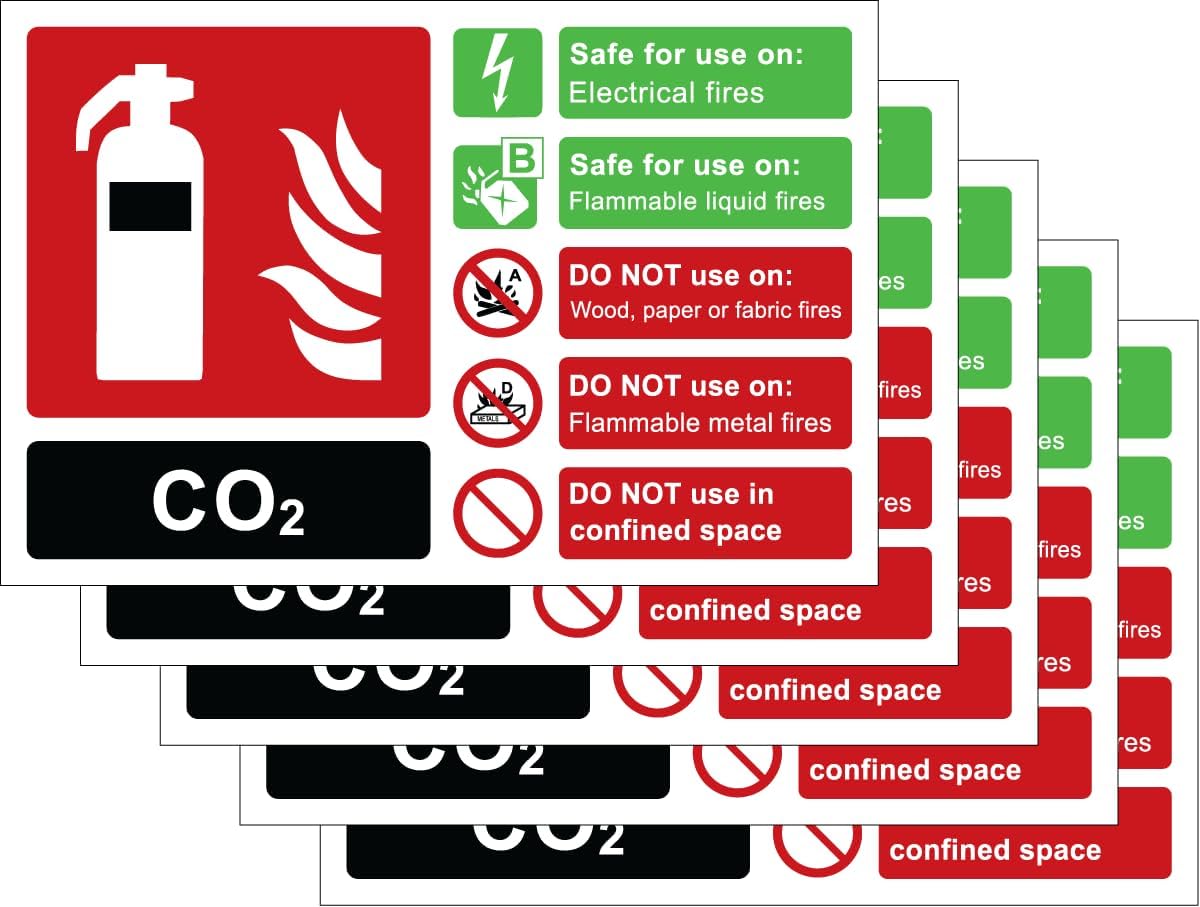 Pack of 5, 165mm x 110mm CO2 Fire extinguisher label, self adhesive ...