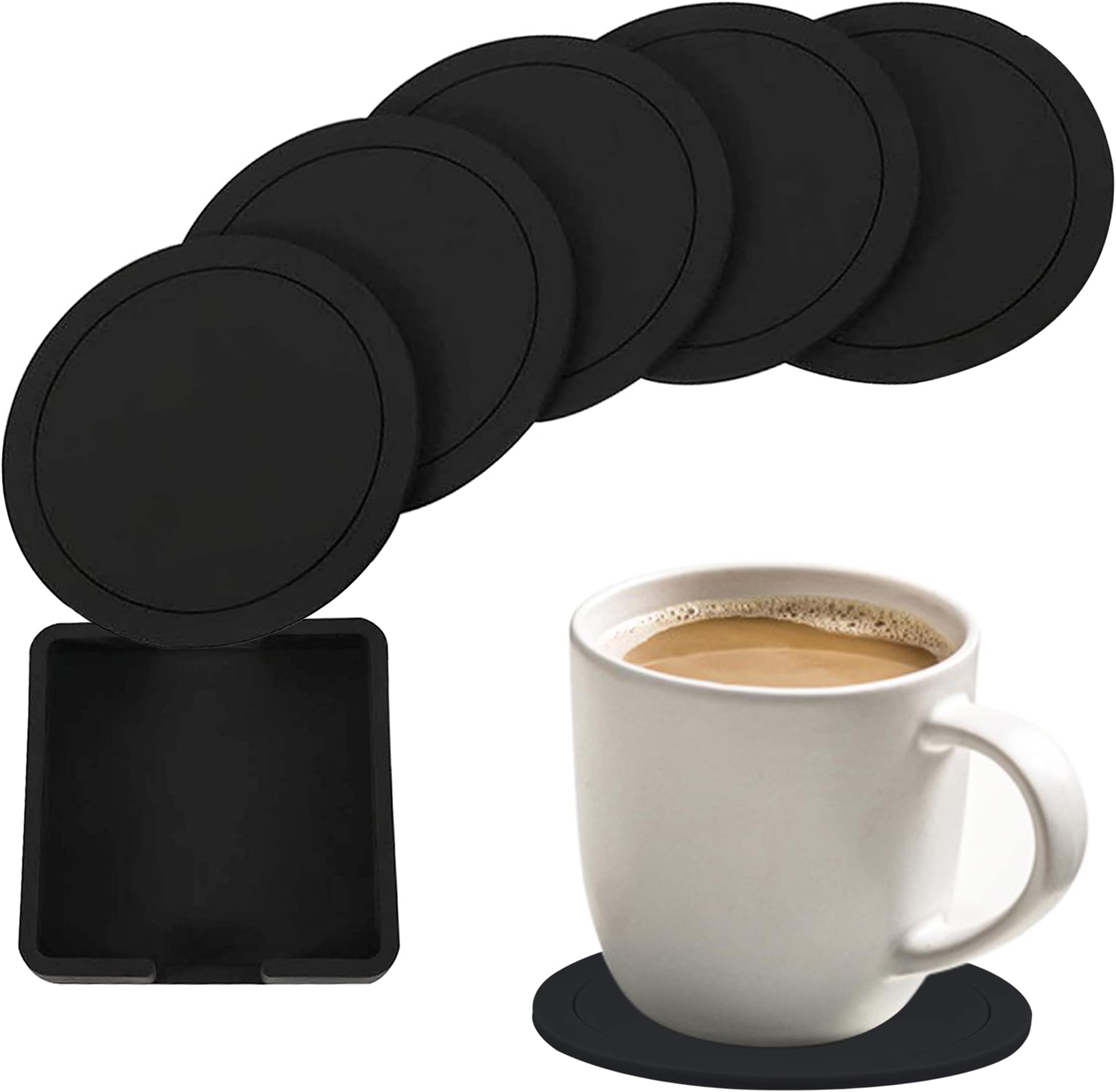 H&S Drink Coasters Set of 6 Cup Pad Mat Black Round Silicone Rubber Mug ...