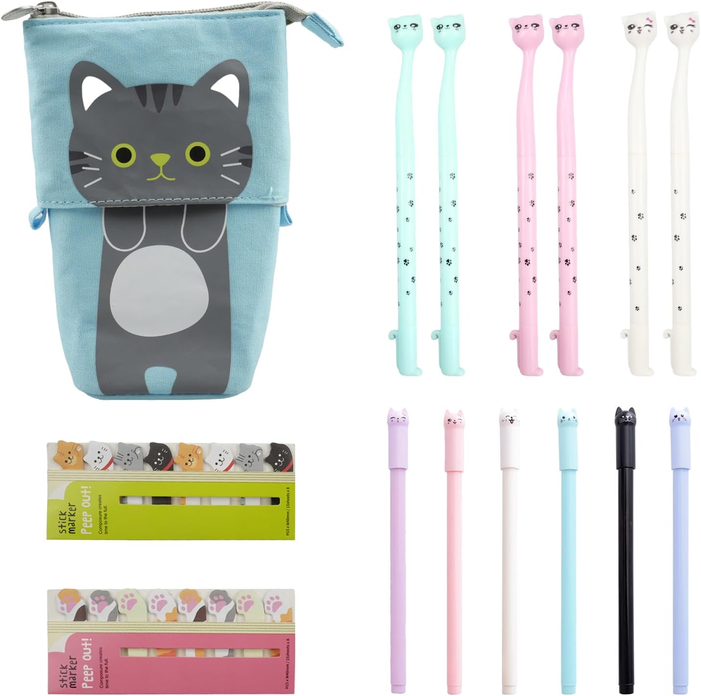 Cute Kawaii Stationery Set, 1 Telescopic Cat Pencil Case 12 Cat Pens ...