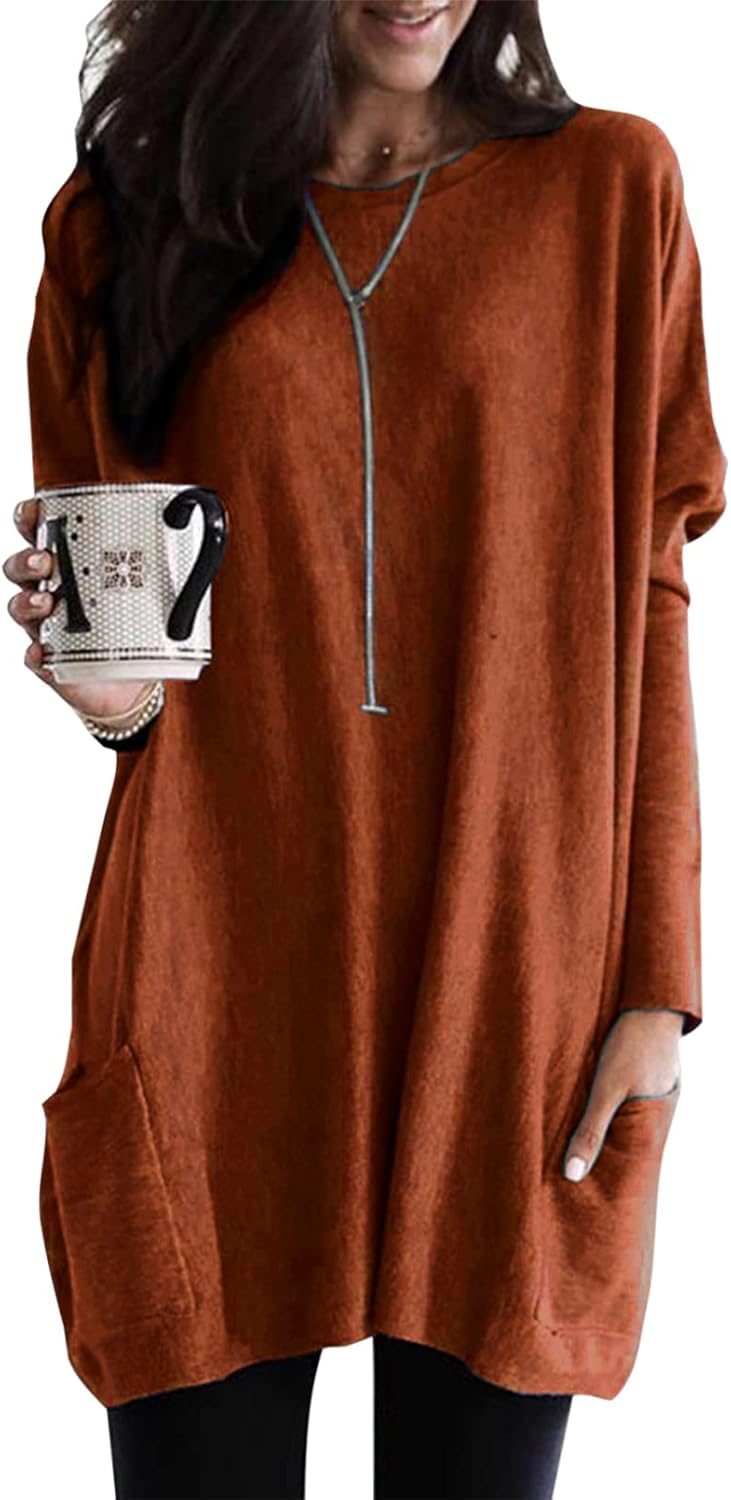 Pevilo Dolman Sleeve Round Neck Brown Tunic Tops for Women Oversized ...