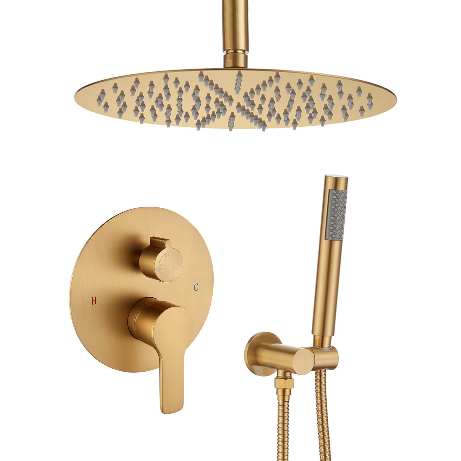 Snapklik.com : Iriber Brushed Gold Ceiling Mount Round Rain Shower System