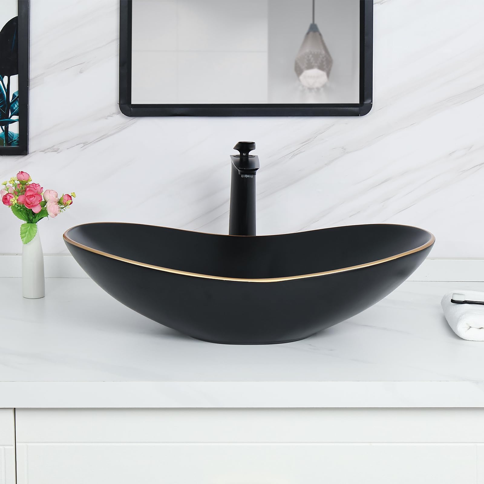 Ceramic Bathroom Vessel Sinks Oval Sink Bowl With Peony Flower ...