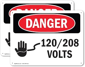 Amazon.com: (2 Pack) 120 208 Volts OSHA Danger Sign 10 Inch X 7 Inch ...