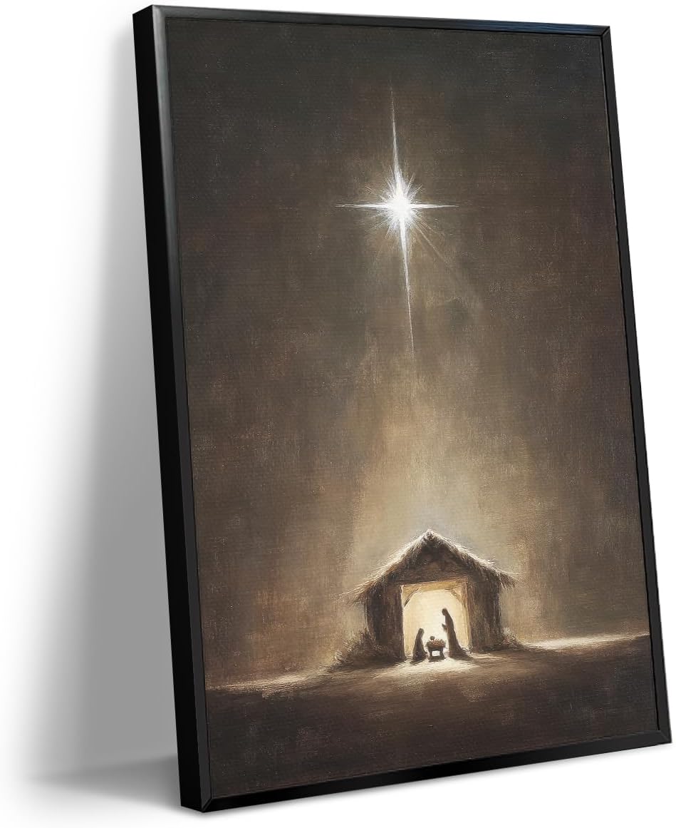 Amazon.com: Nativity Scene Canvas Wall Art, Christian Manger Beneath ...