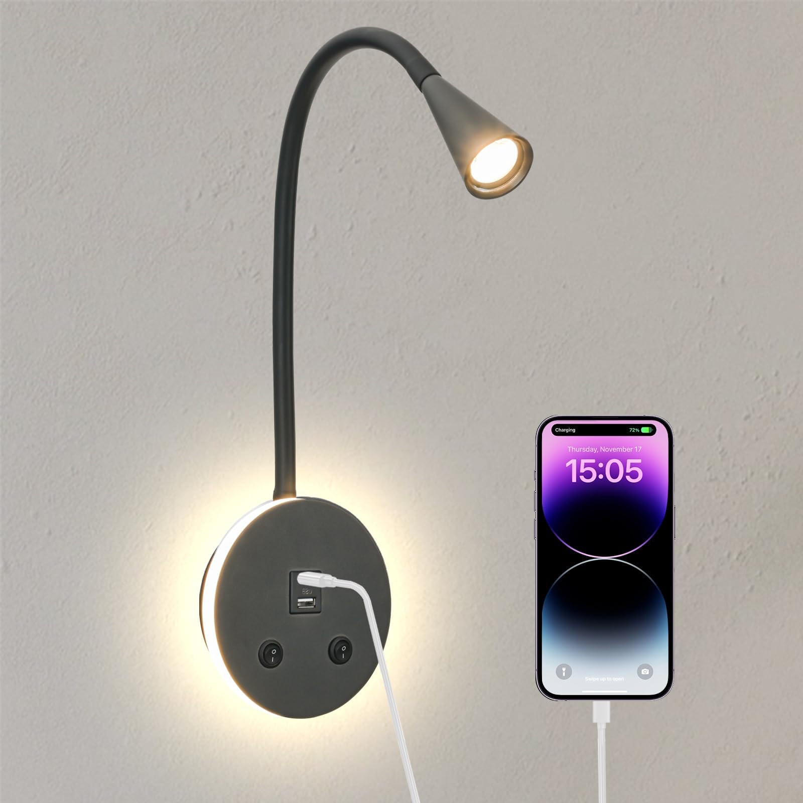 EVETHBEY LED Bedside Reading Lamp Touch Stepless Dimmable Wall Mounted ...