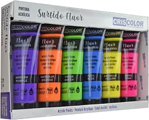 Criscolor - Assorted Fluorescent Acrylic Paint - Pack of 6 x 35 ml ...