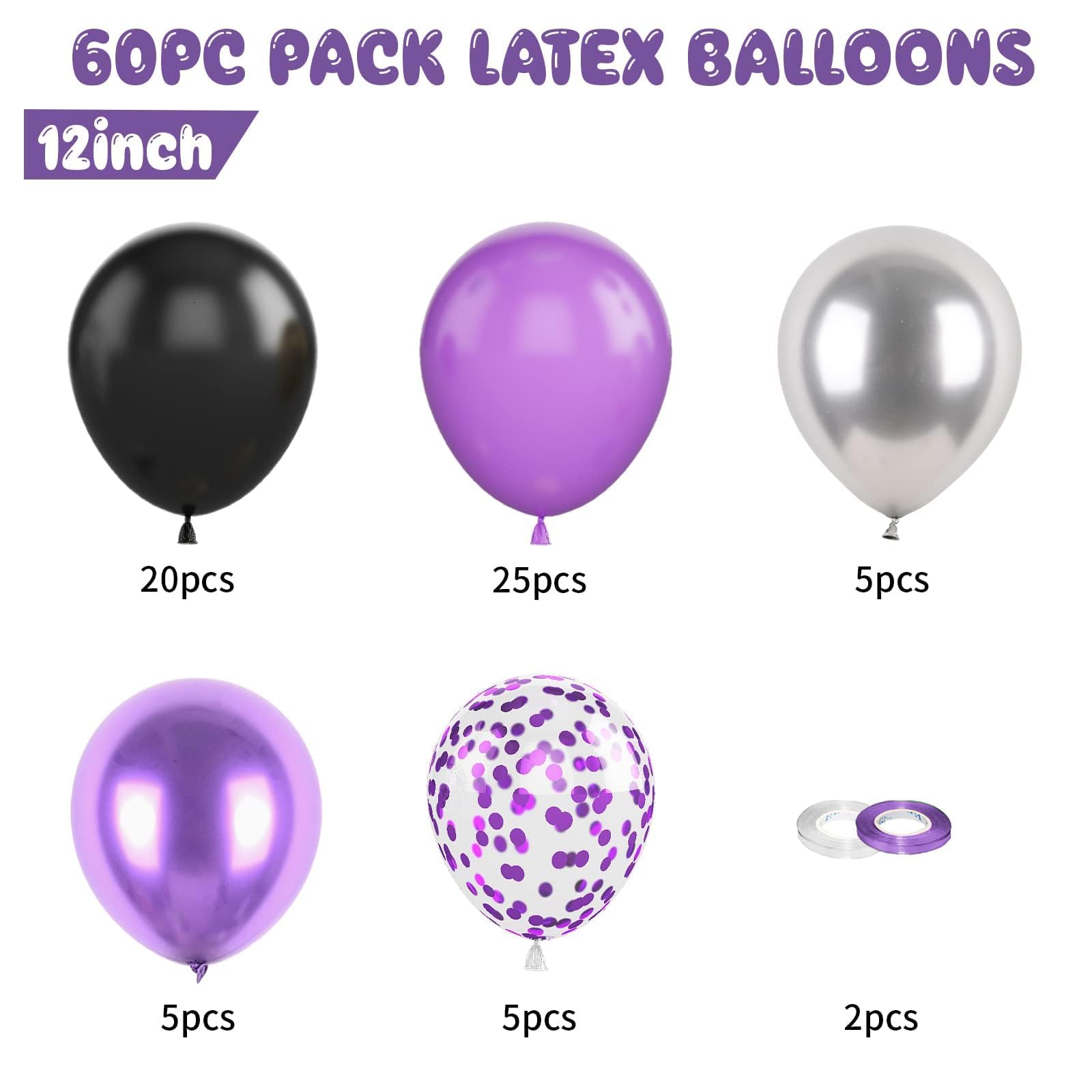 Snapklik.com : Purple Black Balloons, 60 Pcs 12 Inch Metallic Purple ...