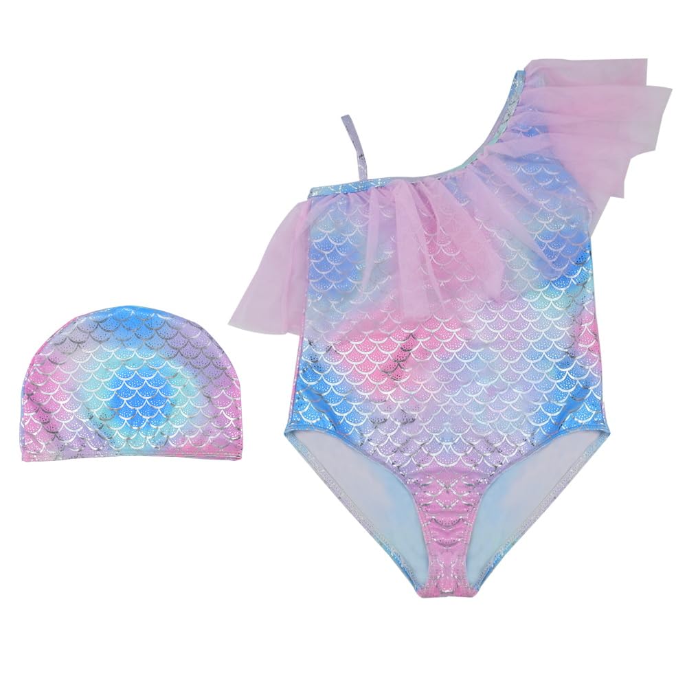 1 x Brand New Girls Swimming Costume with Swimming Cap Mesh Fish Scale ...