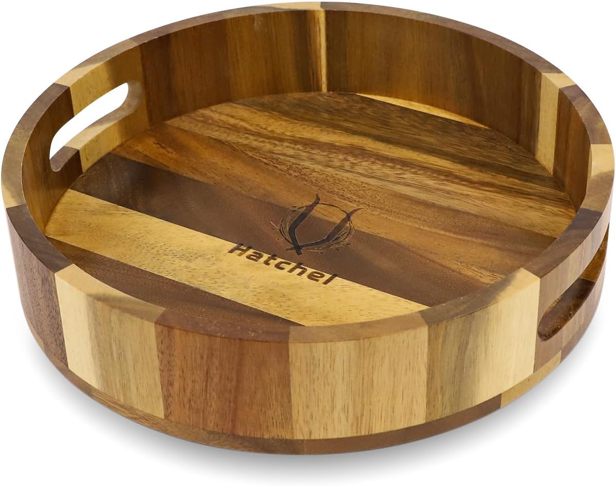 Amazon.com: HATCHEL Round Acacia Wooden Solid Serving Tray with Handle ...