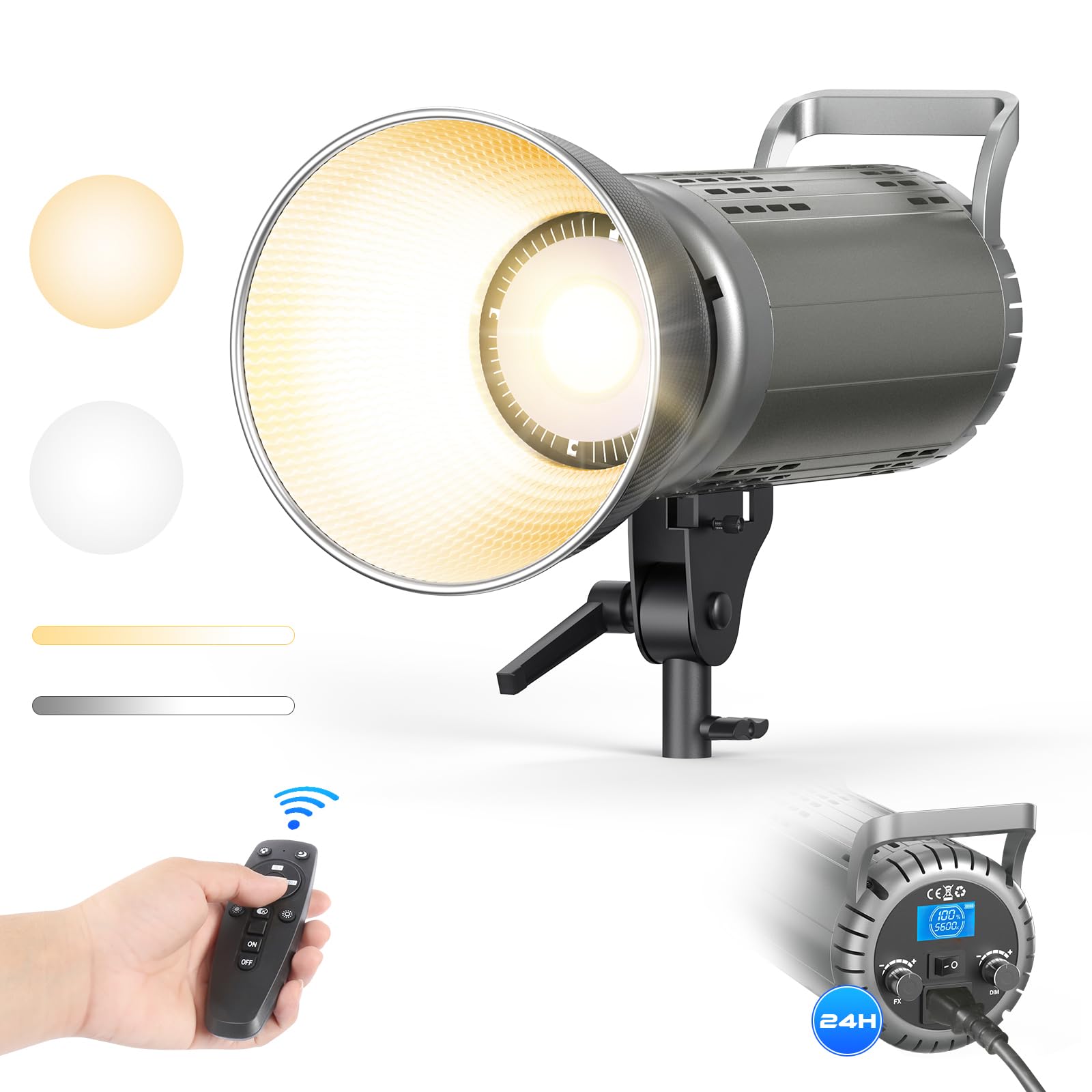Heorryn 200W Bi-Color COB Video Light with Remote Control, 3200K-5600K ...