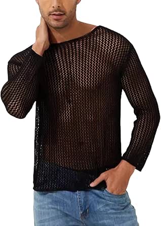 Men Fishnet Shirt See Thru Fishnet Top Mesh Transparent Long Sleeve ...