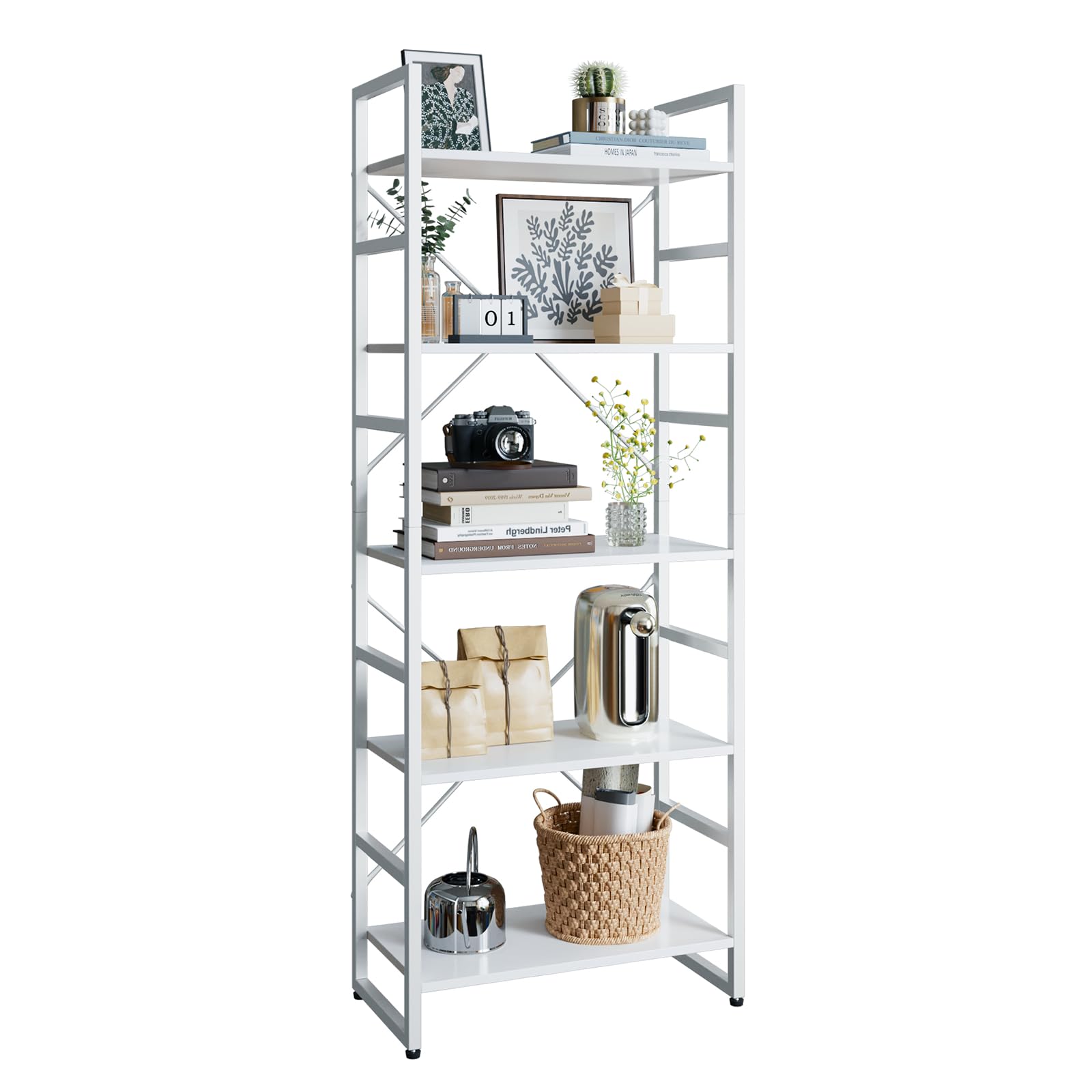 TREETALK 5 Tier Bookshelf, Standing Bookcase with 2 X-shape Frame ...
