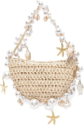 Amazon.com: Women Straw Beach Bag with Shells and Pearls,Handmade Half ...