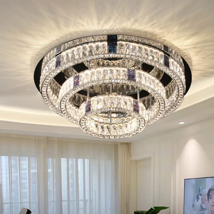 IDEQUY W32'' Modern Crystal Chandelier Round Ring Chrome Chandelier 3 ...