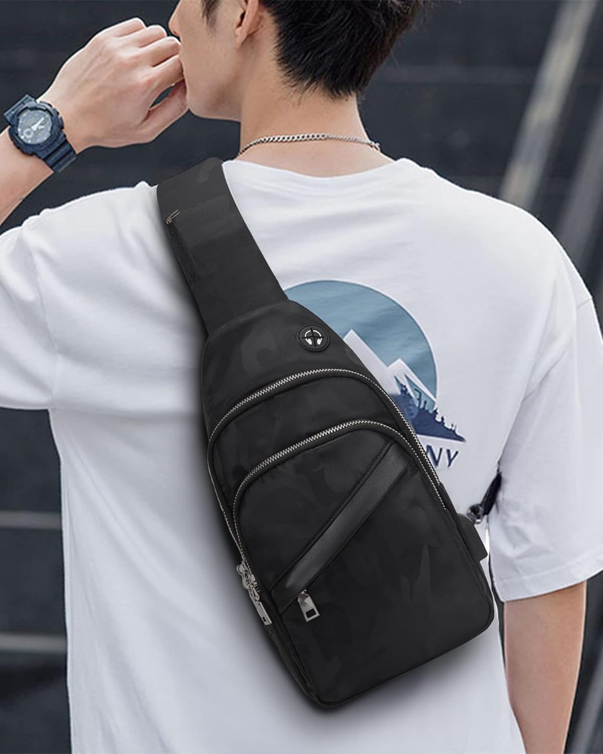 SEAFEW Black Sling Crossbody Backpack Shoulder Messenger Bag for Men ...