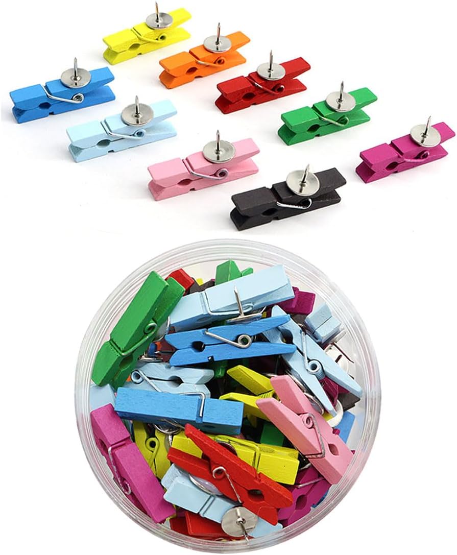 50 PCS Clothes Pin Push Pins, Push Pin Wooden Clips for Classroom Decor ...