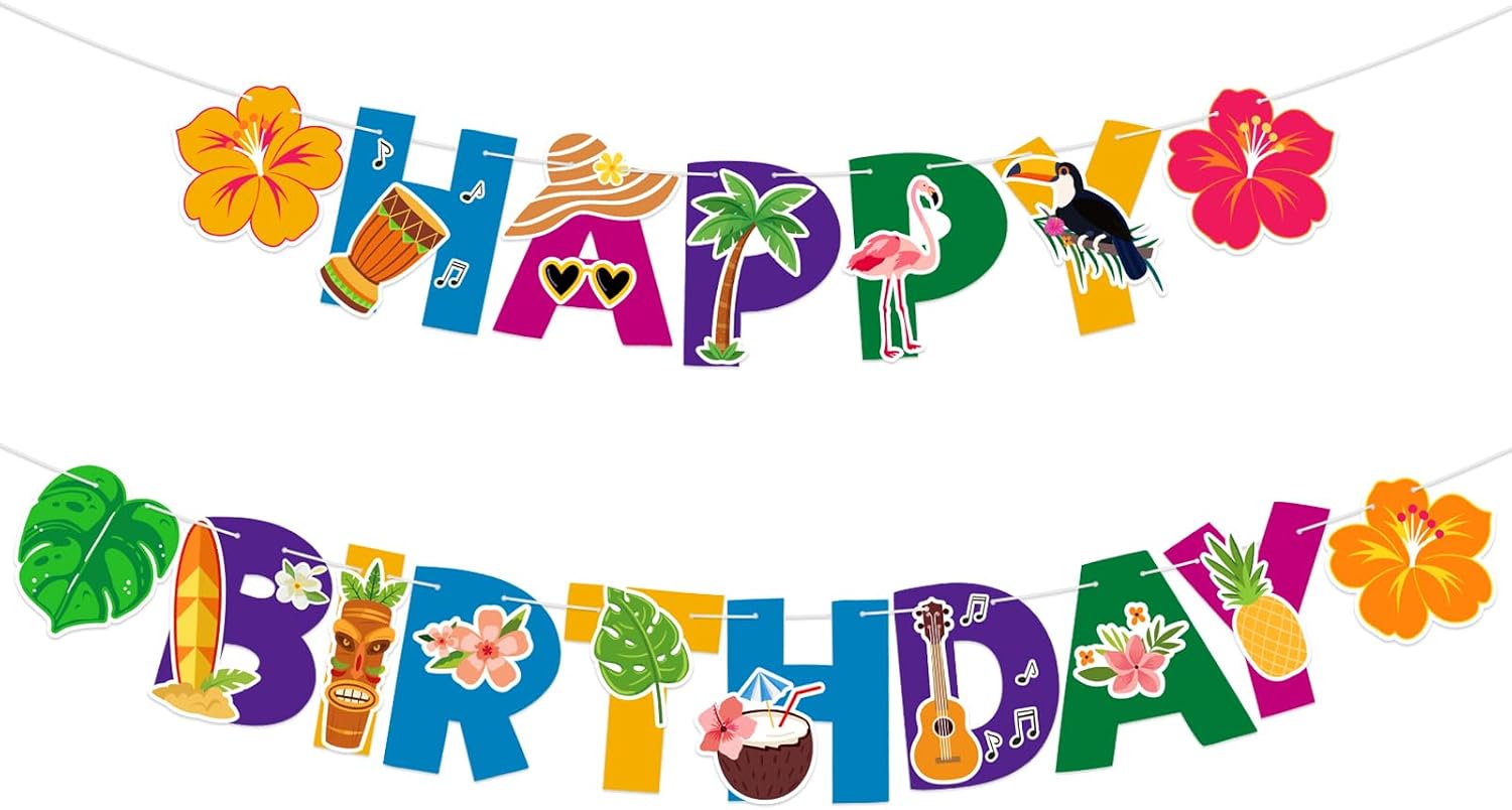 Amazon.com: Lemicin Hawaiian Happy Birthday Banner Tropical Birthday ...