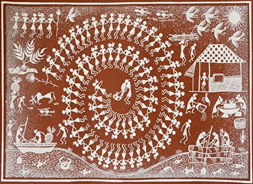 Warli Art Painting on Canvas Tarpa Dance and Fishing in River : Amazon ...