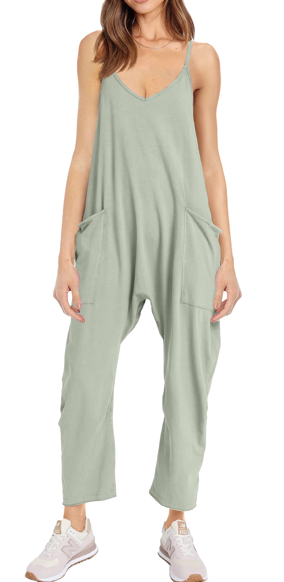 Women's Loose Casual V Neck Sleeveless Jumpsuits Spaghetti Strap Long ...