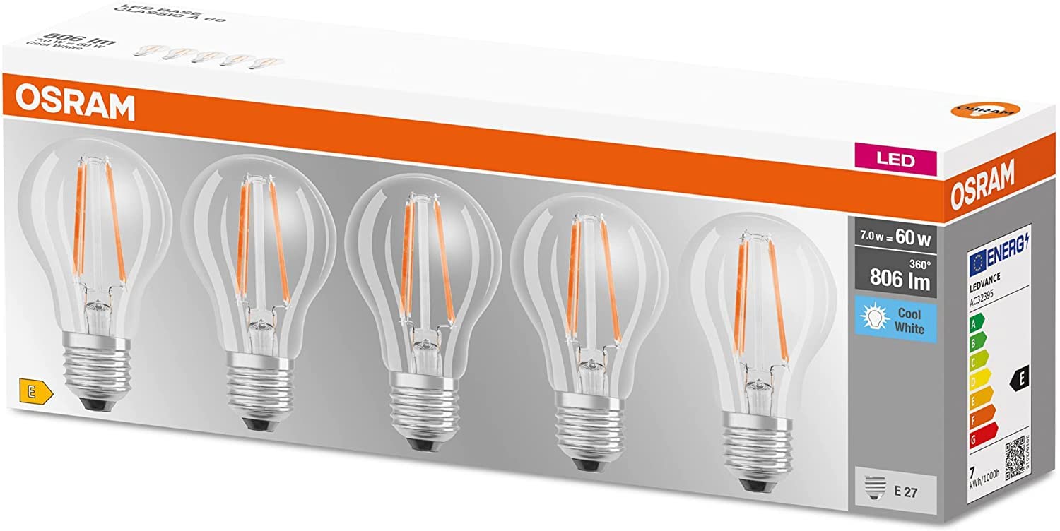 OSRAM LED BASE Classic A60, lampade LED a filamento chiaro in vetro per ...
