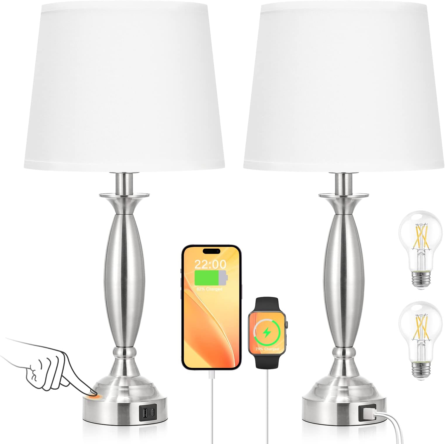 White Lamps for Bedrooms Set of 2 - Touch Control Bedside Lamp with USB ...