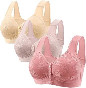 3-Pack Daisy Front Closure Bras for Older Women – No Underwire, Push-Up, Full Coverage Cotton ...