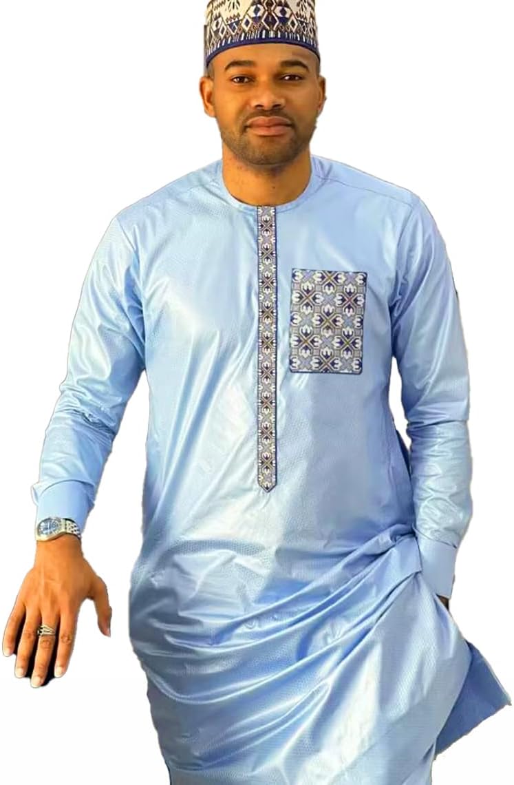 African Men Bazin Suit 2Pcs Set Shirt and Pants Nigerian Wedding Groom ...