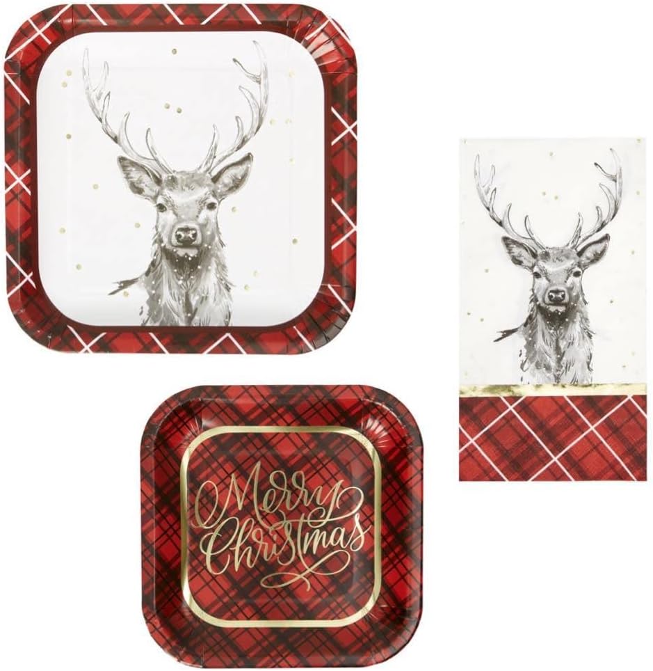 Amazon.com: Red Black Plaid Christmas Deer Stag Buck Paper Disposable ...