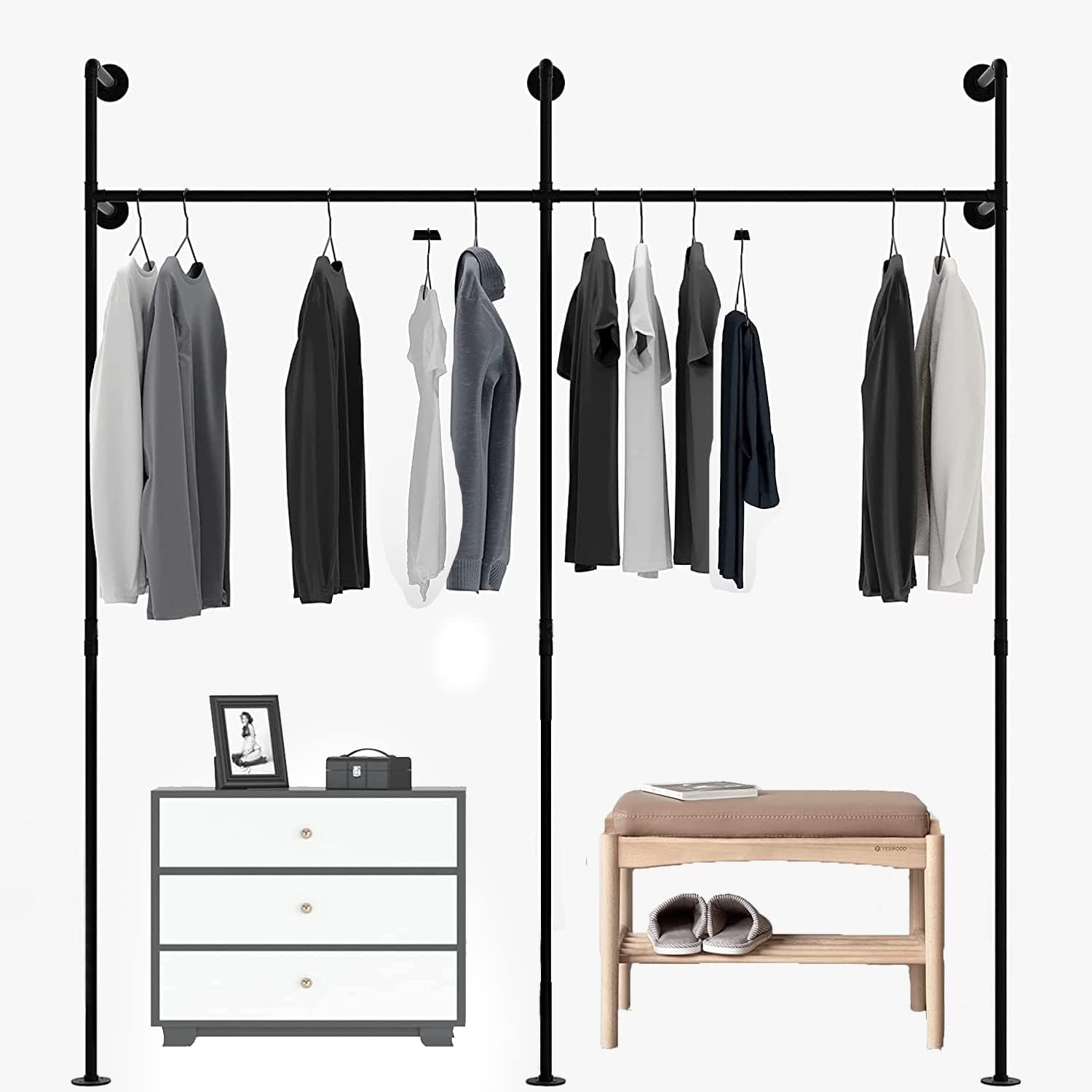 Percheros de ropa de tubería industrial con estantes, percheros ...