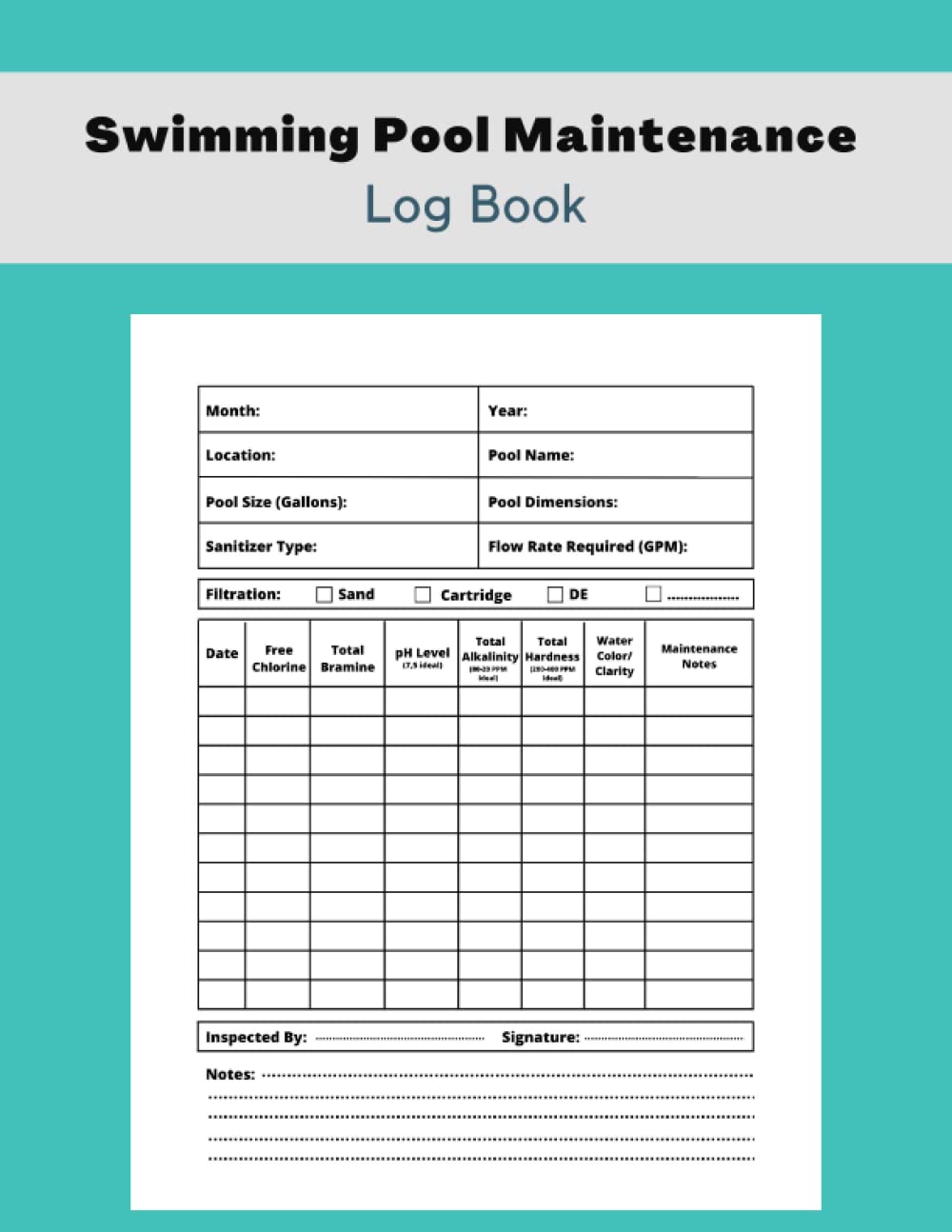 Swimming Pool Maintenance Log Book: Home Pool Cleaning Log Book (Sized ...