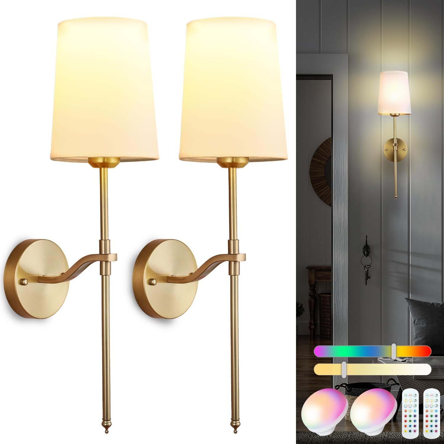 Powfloven Gold Battery Operated Wall Sconces Set of 2, Rechargeable ...