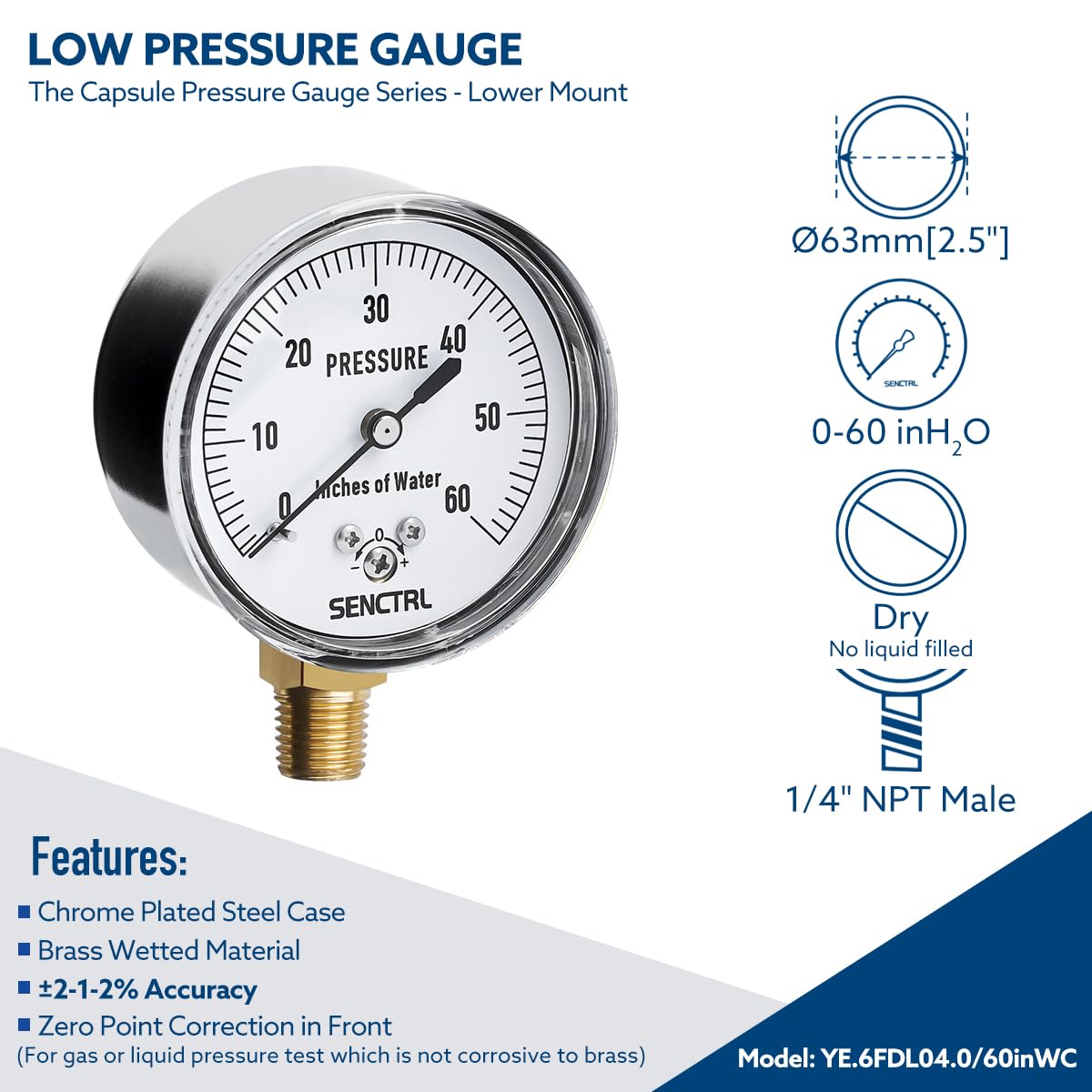 Snapklik.com : SENCTRL 0-60 Inches Of Water Column Gauge, Low Pressure ...