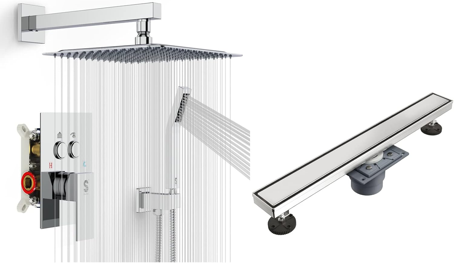 12 Inch Push Button Shower System and 24 Inch Linear Shower Drain ...