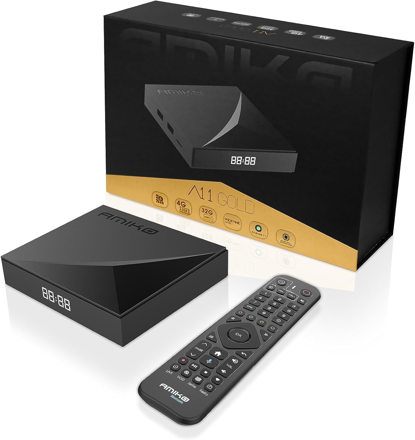 Amiko A11 GOLD 4K UHD ANDROID Mytv3 QUAD CORE WIFI 6 GIGABIT LAN Bluetooth RC: Amazon.co.uk ...