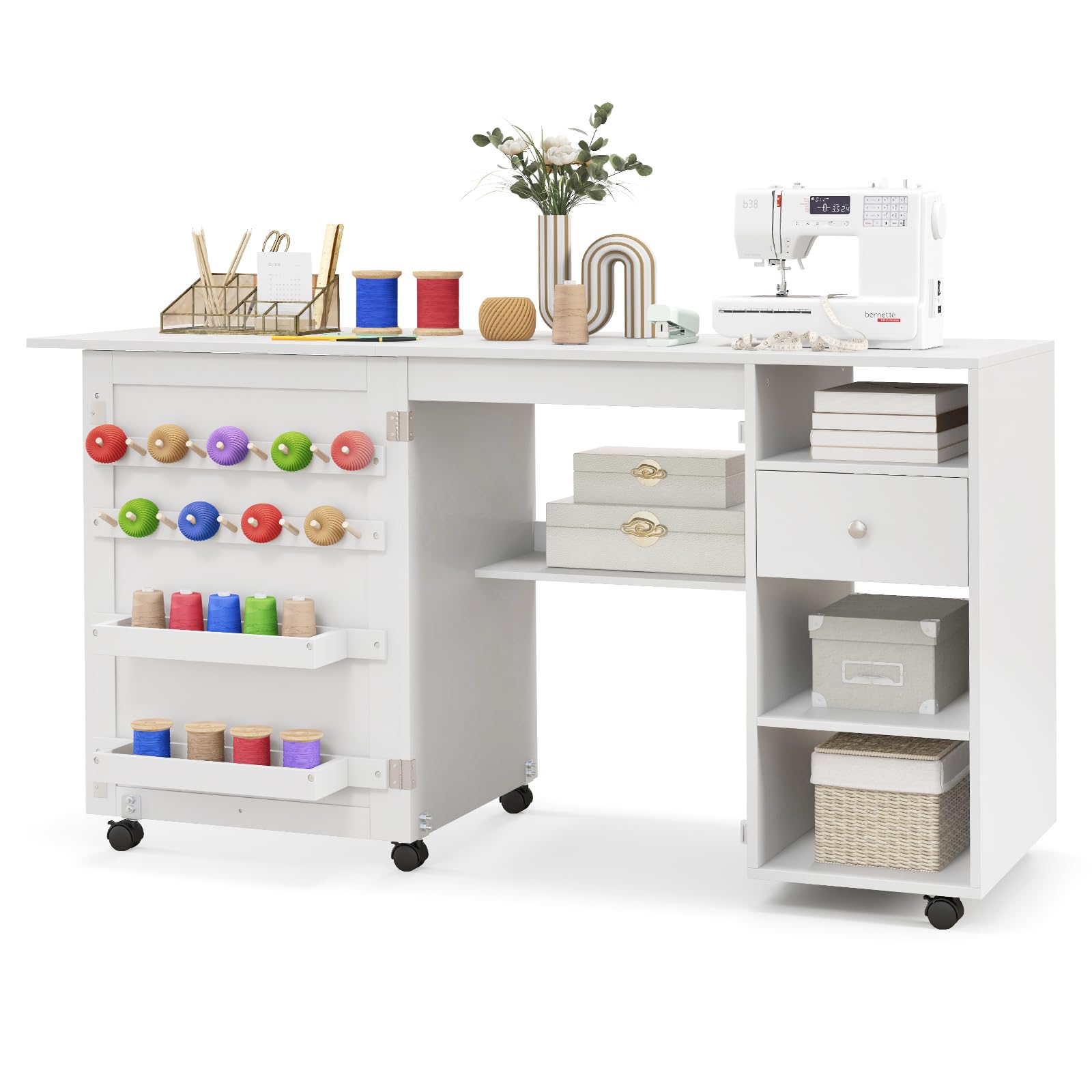 COSTWAY Folding Sewing Table, Rolling Craft Table Hobby Desk with ...